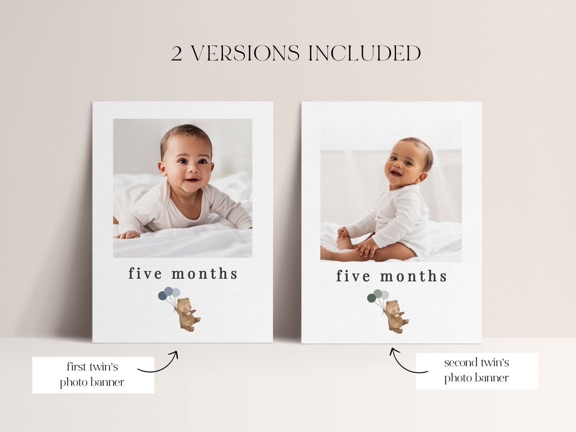 Twin Boys Monthly Photo Banners, Blue Green Balloons, 12 Month Photo ...
