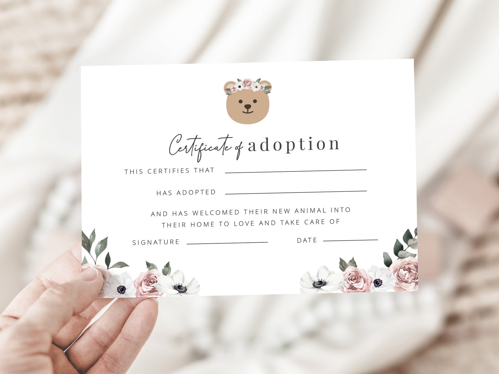 Teddy Bear Adoption Certificate Template, Floral Bear Birthday, Teddy ...