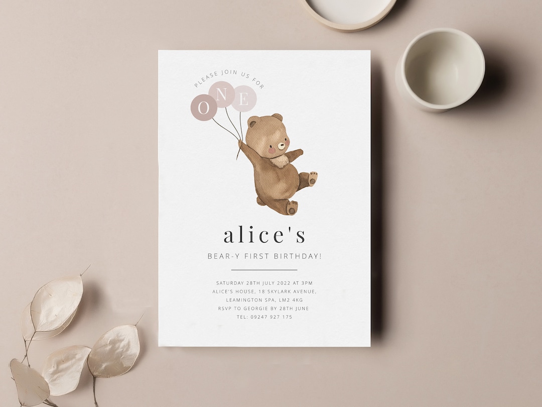 Bear Invitation Template, 1st Birthday Girl, Beary First Birthday ...