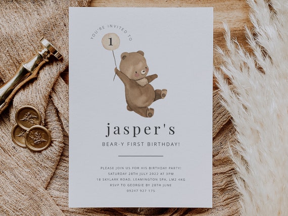 Bear Birthday Invitation Template Beary First Birthday Teddy | Etsy