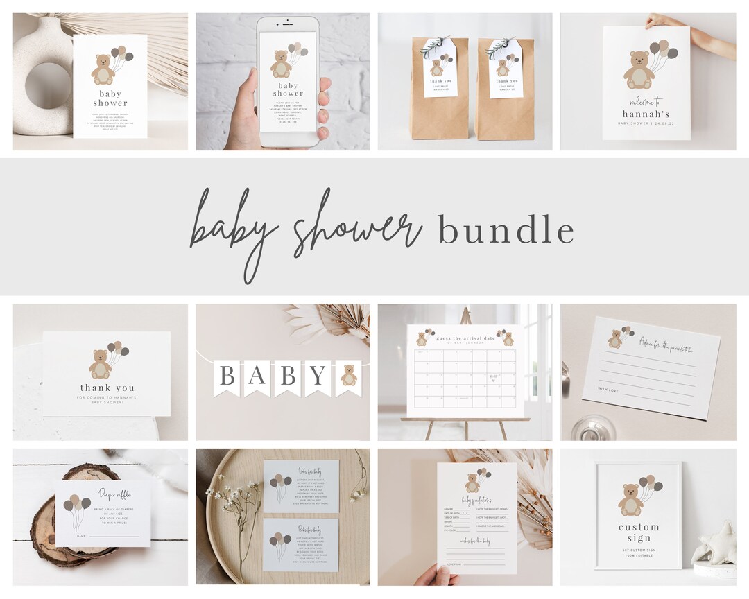 Bear Baby Shower Bundle, Printable Baby Shower Templates, Teddy Bear ...