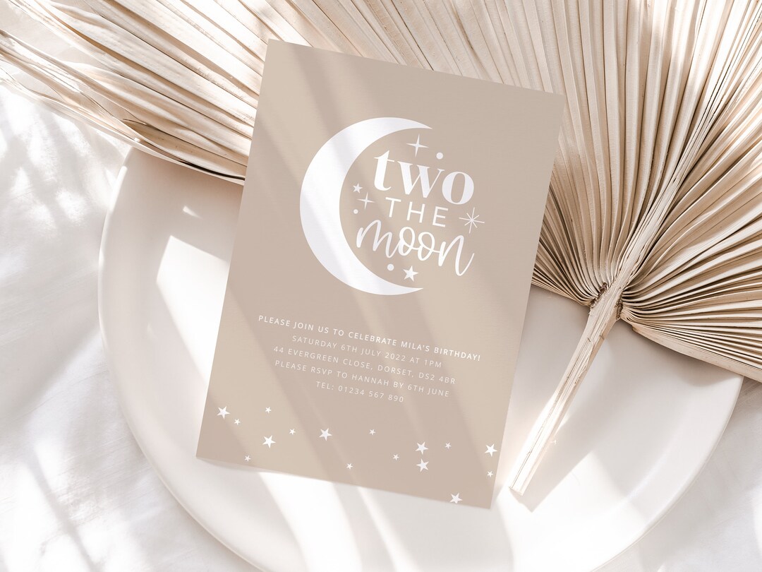 Two the Moon Invite Template, Beige Moon Stars Invitation, Neutral ...