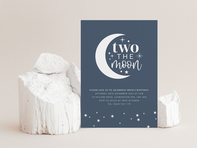 Two the Moon Invite Template Navy Moon Stars Invitation - Etsy