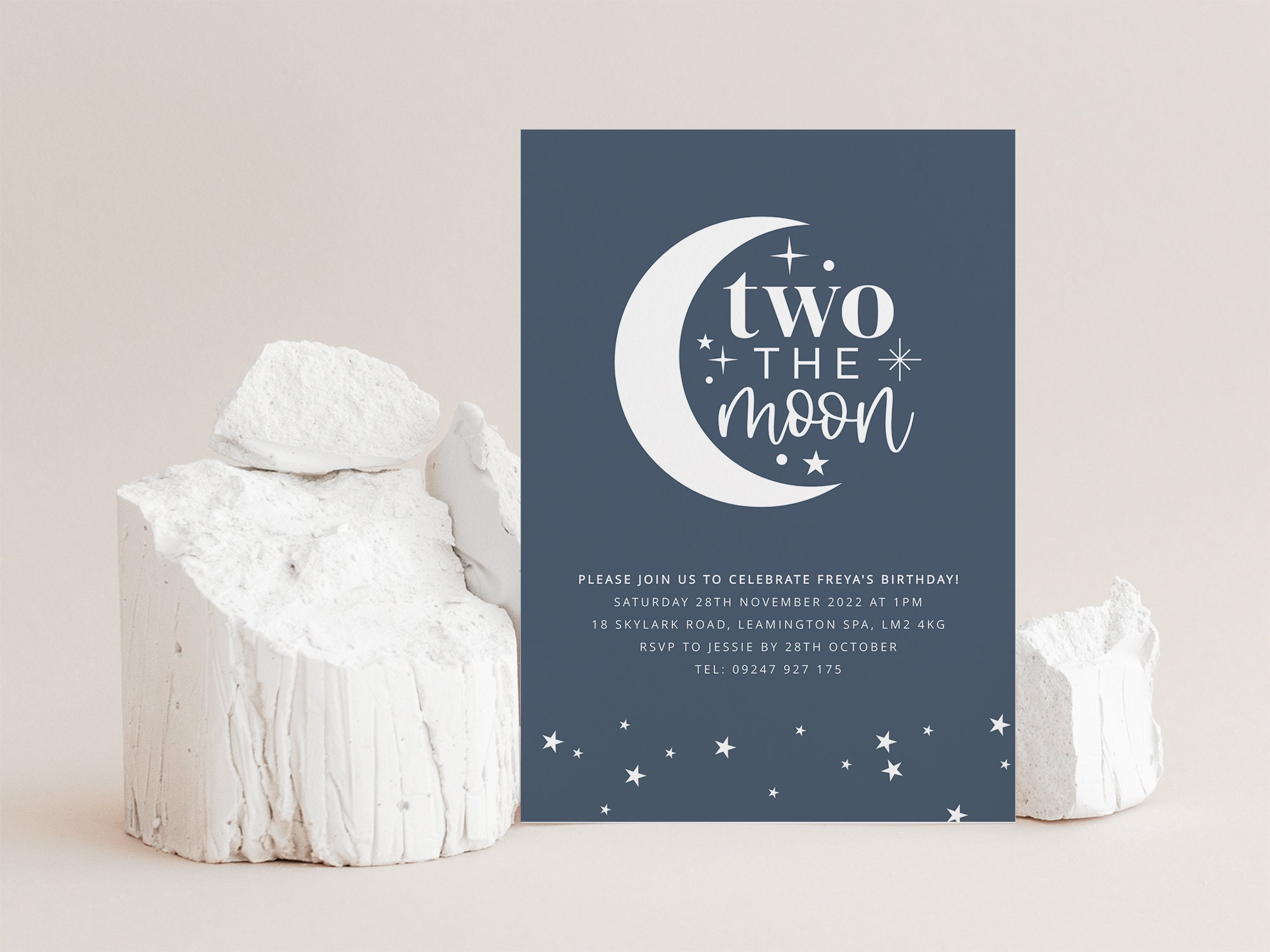 Two the Moon Invite Template Navy Moon Stars Invitation | Etsy