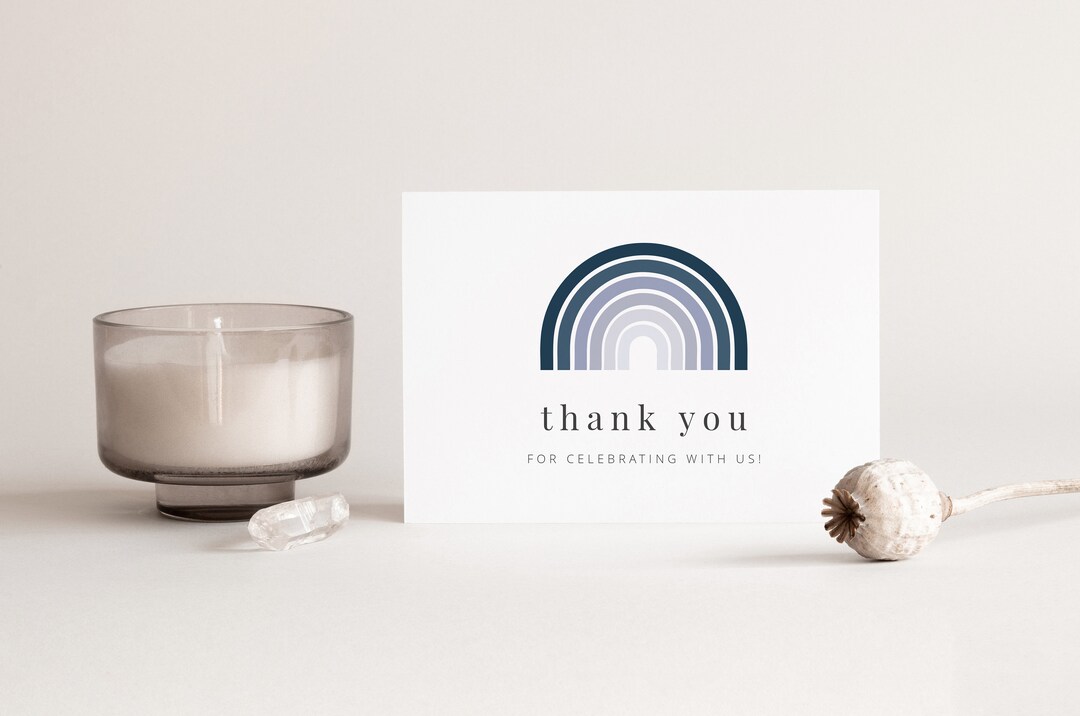 Editable Thank You Card | Blue Rainbow Thank You Note | Blue Grey ...