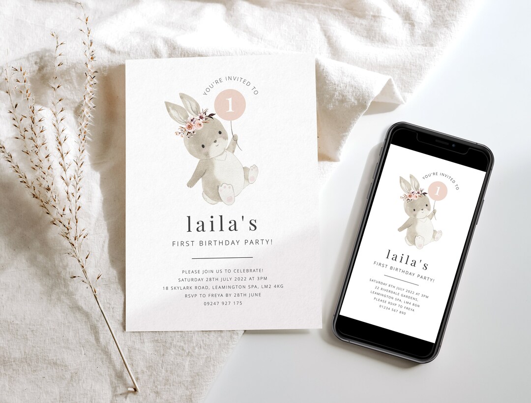 Floral Bunny Invitation and Evite, 1st Birthday Girl, Somebunny ...