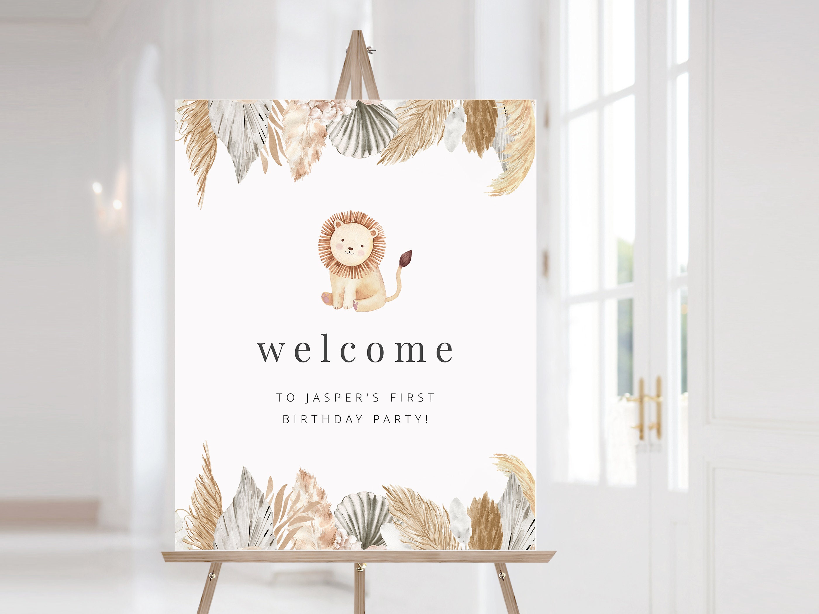 Lion Birthday Welcome Template, Editable Sign, Lion Neutral Leaf ...