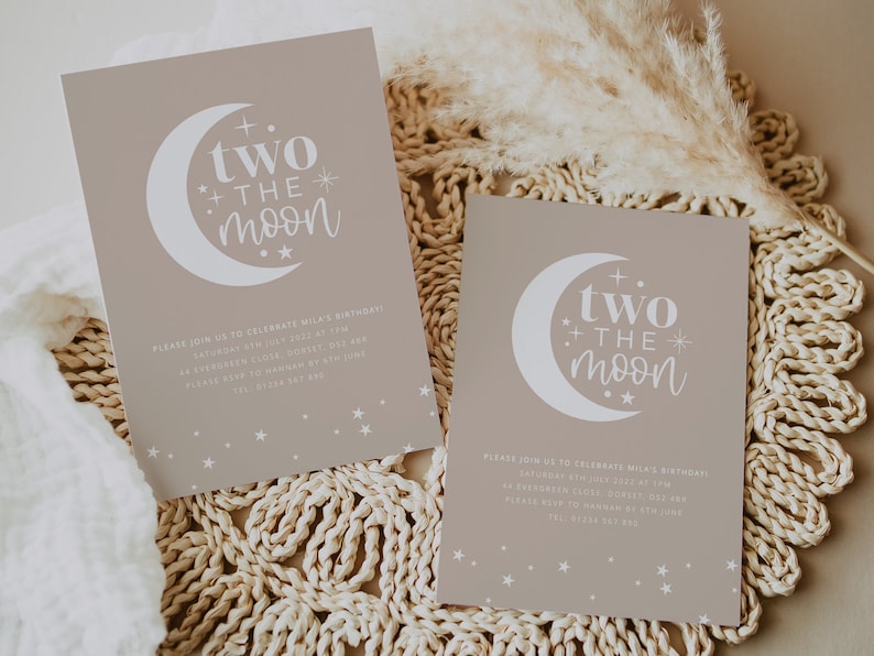 Two the Moon Invite Template Beige Moon Stars Invitation - Etsy