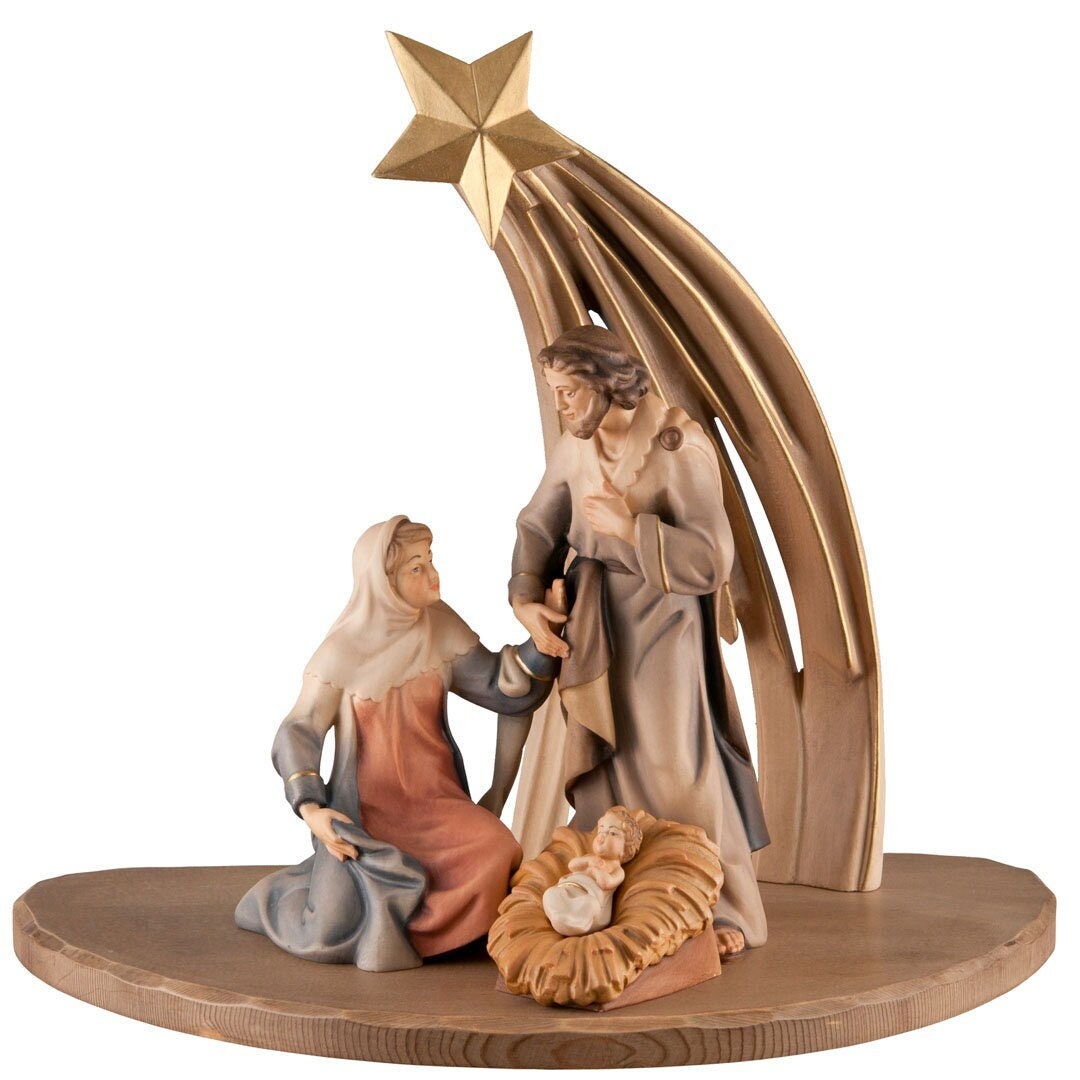 Hand Carved Maple Wood Holy Family With Comet, Tyrolean Nativity Scene ...