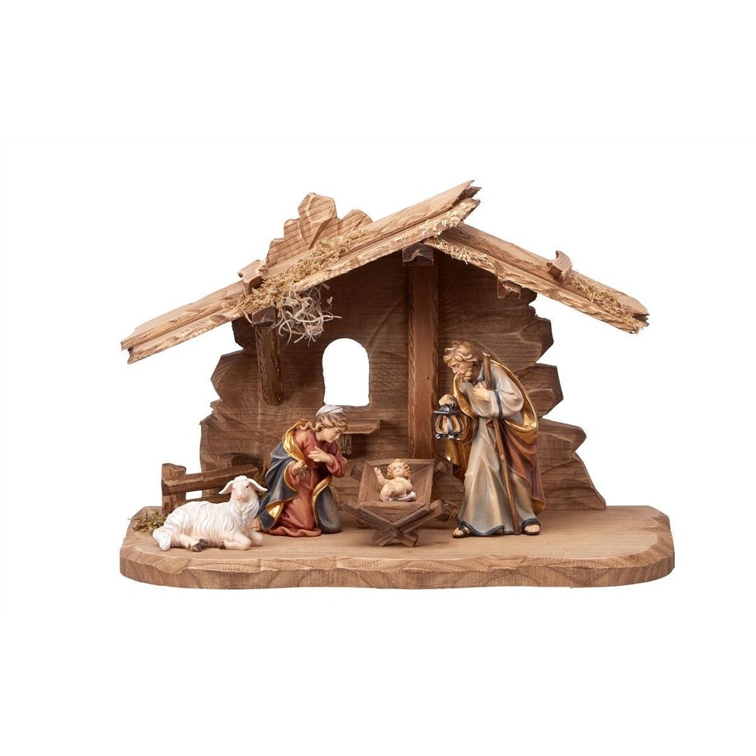 Tyrolean Nativity Scene, Wooden Stable With Figurines, Christmas Decor ...