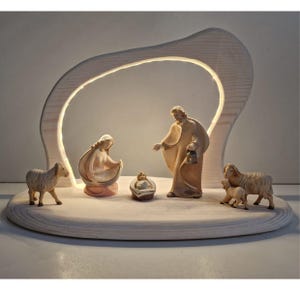 Wooden Nativity Scene, Angel Light, Hand-painted Figurines, Christmas ...