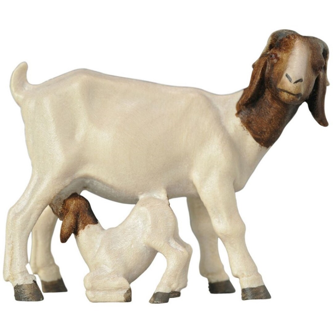 Boer Goat With Fawn - Folk Wooden Boer Goat With Fawn, Nativity Animals ...
