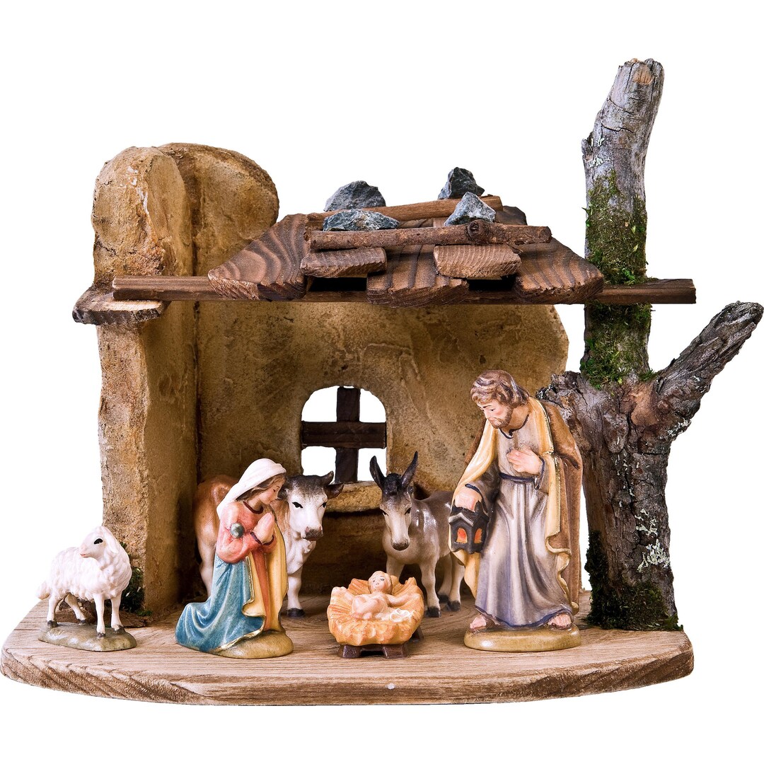 Wooden Nativity Scene With Stable – Hand-painted Figurines, 7-piece Set ...