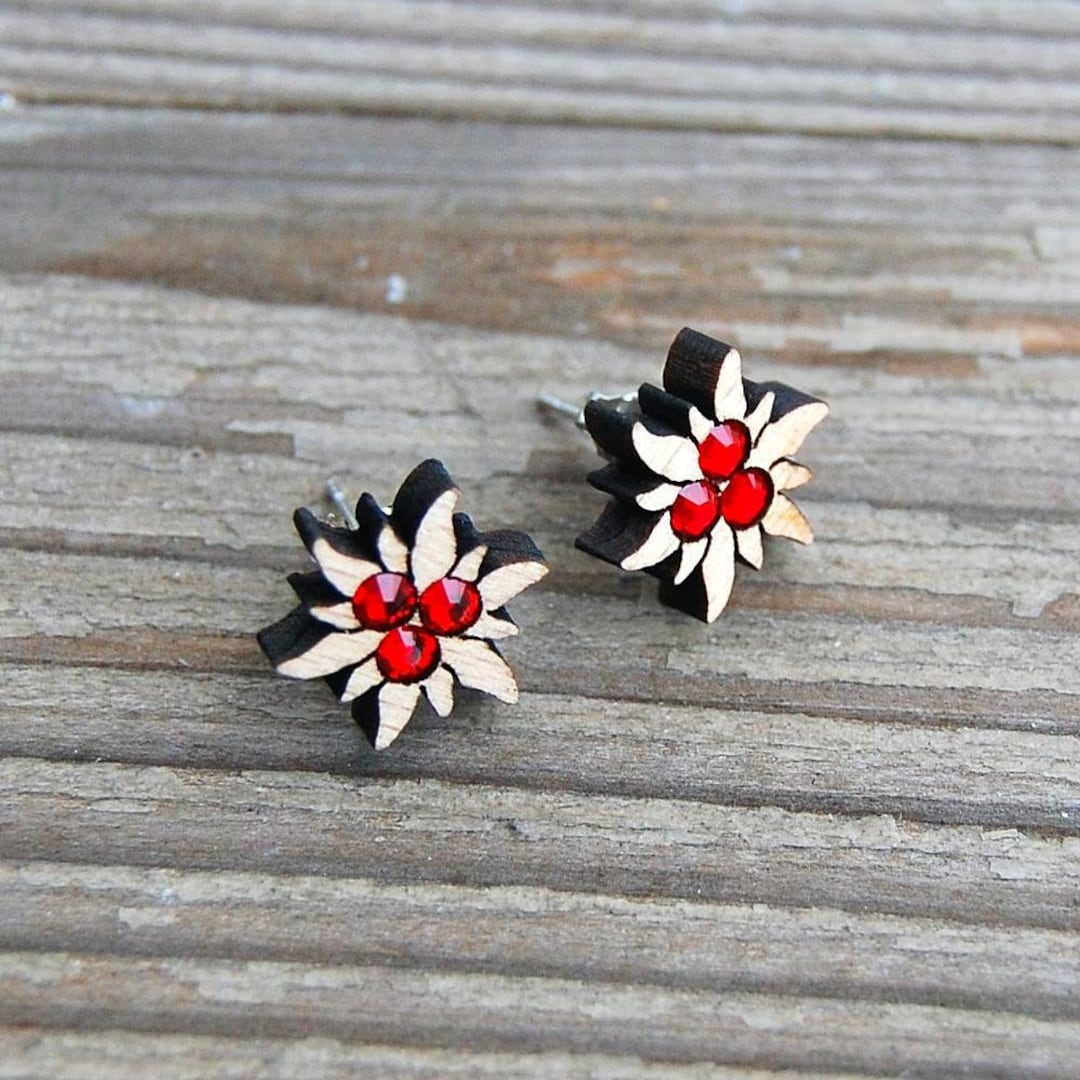 Small Wooden Earrings - Edelweiss Red Flower Handmade Wooden Earrings ...