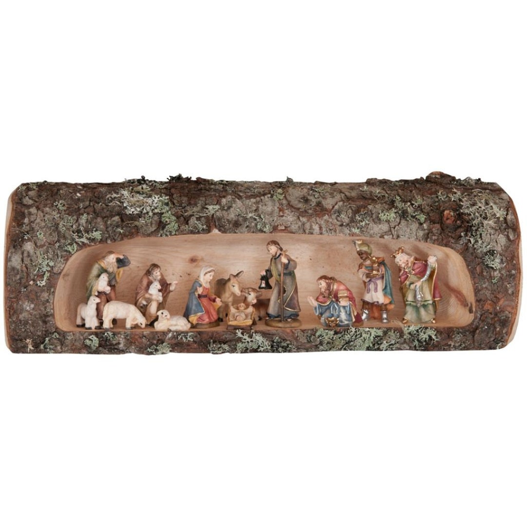 Wood Log Nativity Set With 12 Figurines – Hand-painted Christmas Scene ...