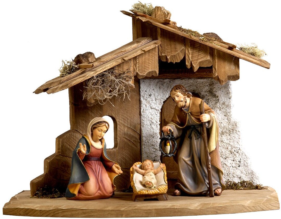 Hand-painted Holy Family Nativity Scene – Maple Wood Stable, Religious ...