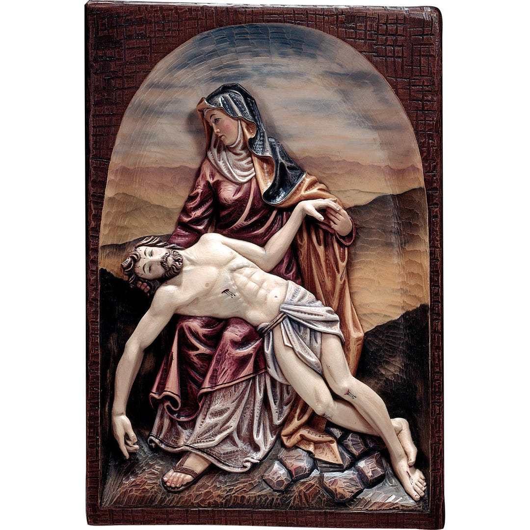Pieta Relief Sculpture – Hand-painted Maple Wood, Religious Statue (23. ...