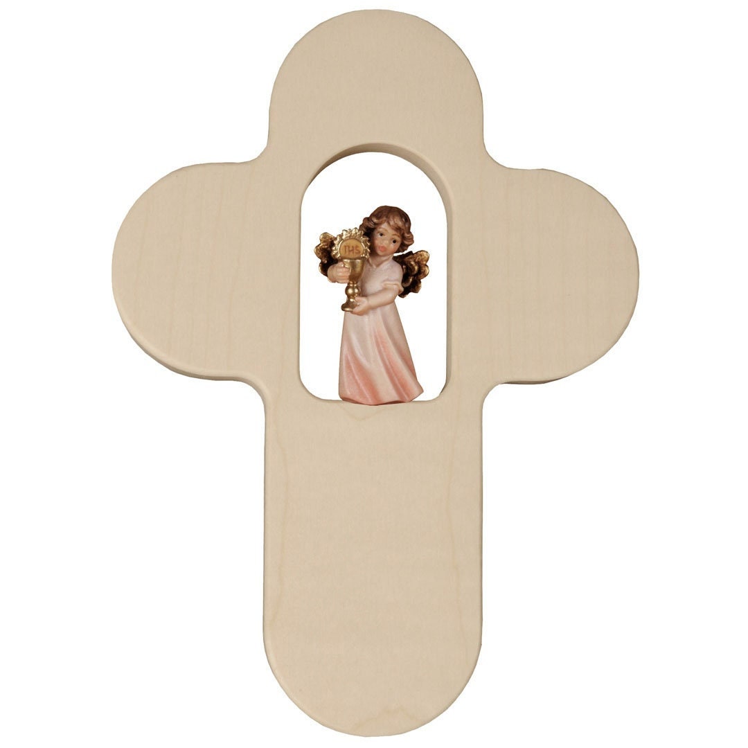 Childrens Crucifix With Angel and Host 5 Cm -wooden Decoration, Wooden ...