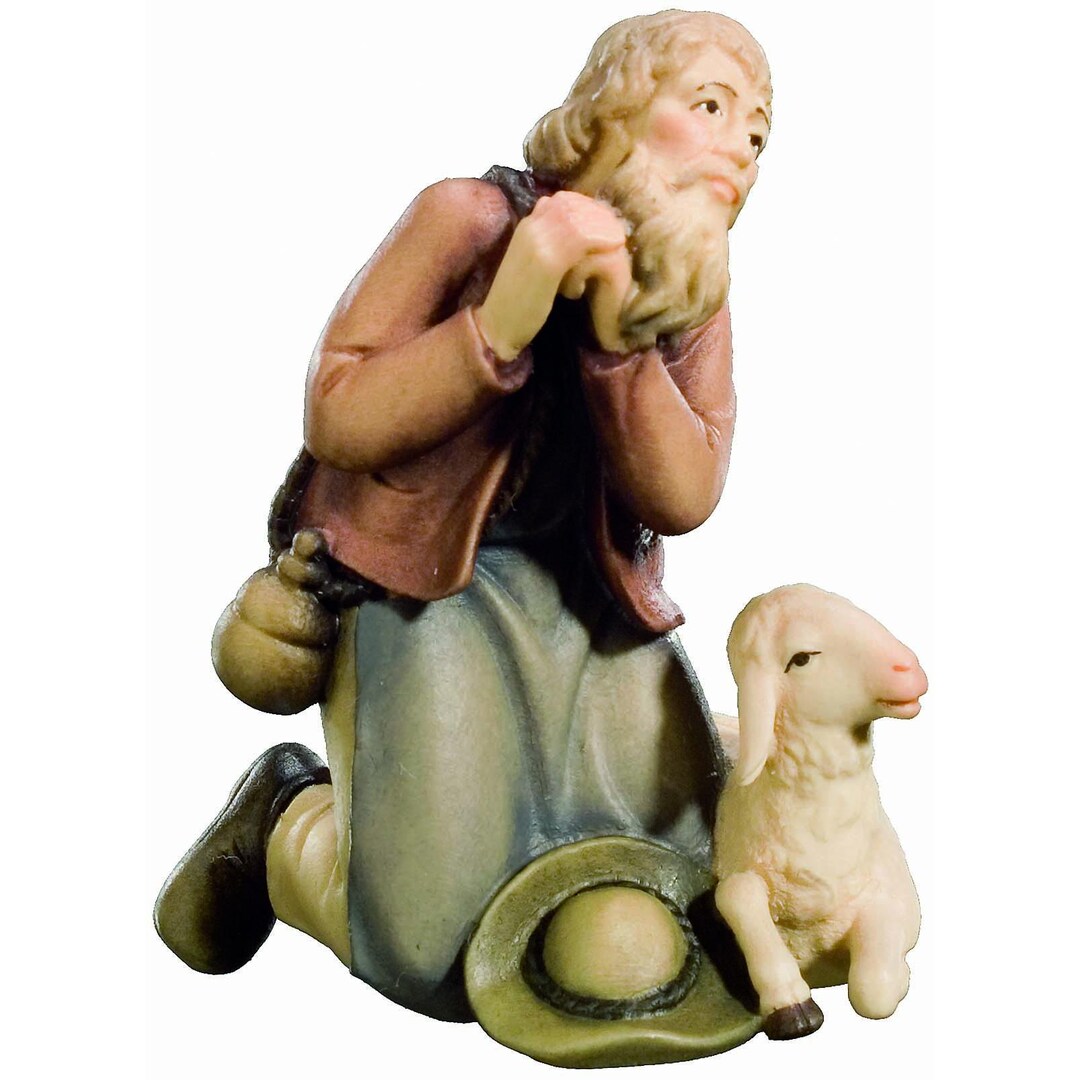 Kneeling Shepherd With a Sheep Peasant Wooden Nativity Scene, Religious ...