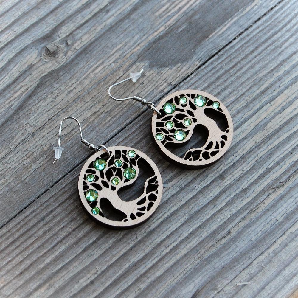 Handmade Wooden Tree of Life Earrings With Crystal - Etsy