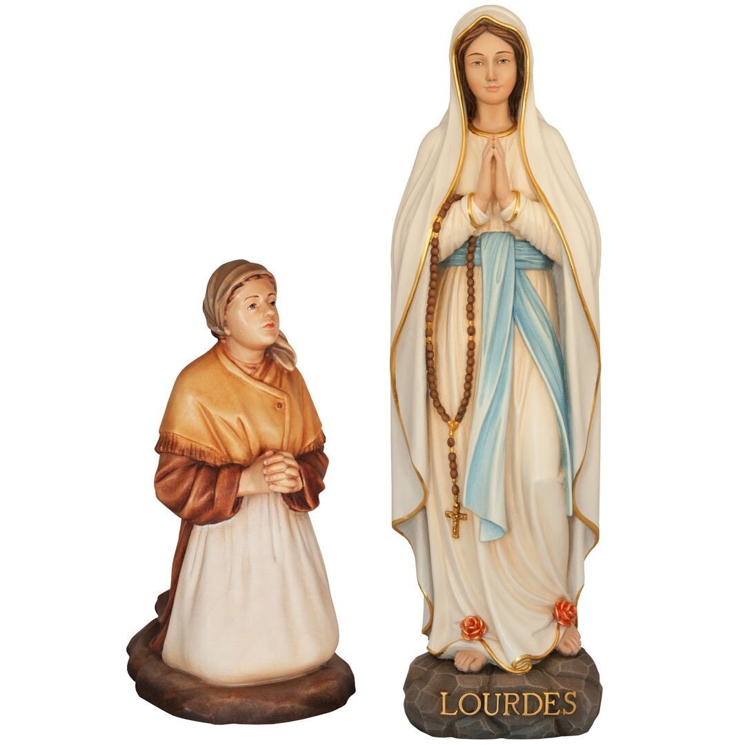 Our Lady of Lourdes & Bernadette Maple Wood Statue - Hand-painted ...