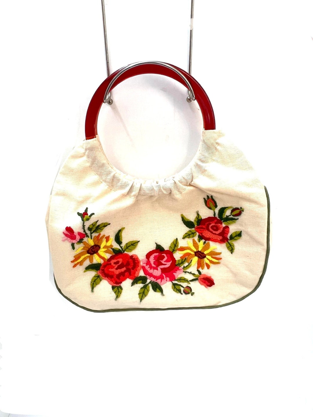 Vintage Embroidered Floral Rose Hangbag | Hobo Purse | Round Handle Bag ...