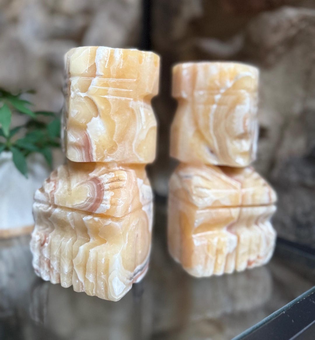 Vintage MCM Mid Century Onyx Bookends Aztec Carved Marbled Cream Ivory ...