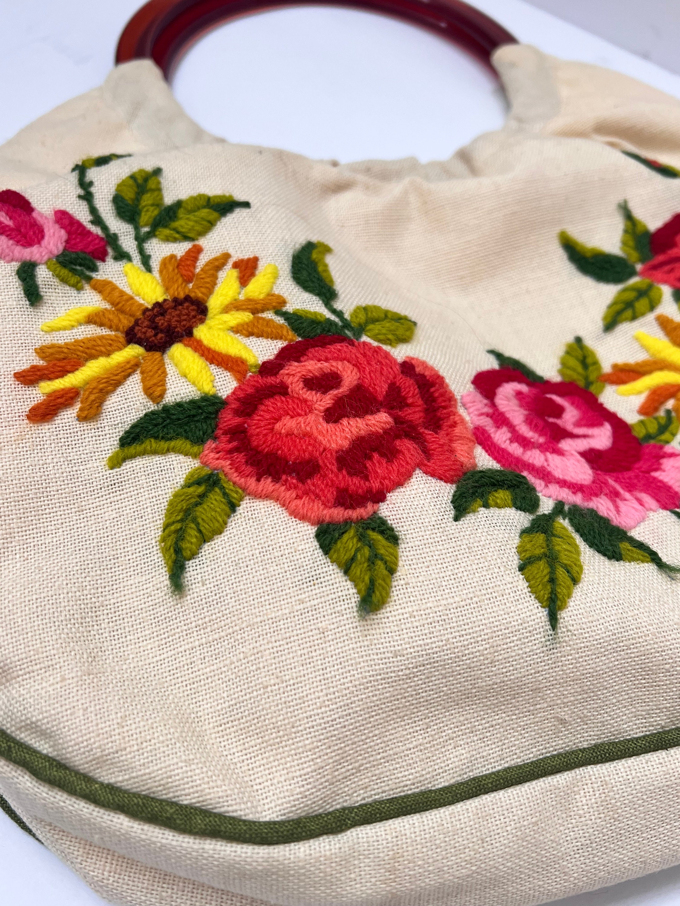 Vintage Embroidered Floral Rose Hangbag Hobo Purse Round Handle Bag - Etsy