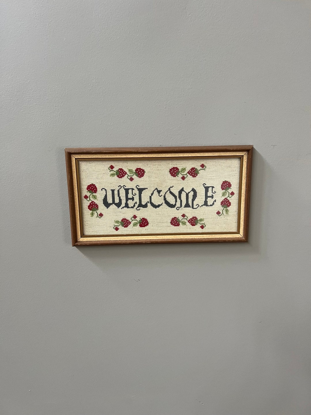 Vintage Strawberry Needlepoint Framed Art Cottage Core Welcome Sign - Etsy