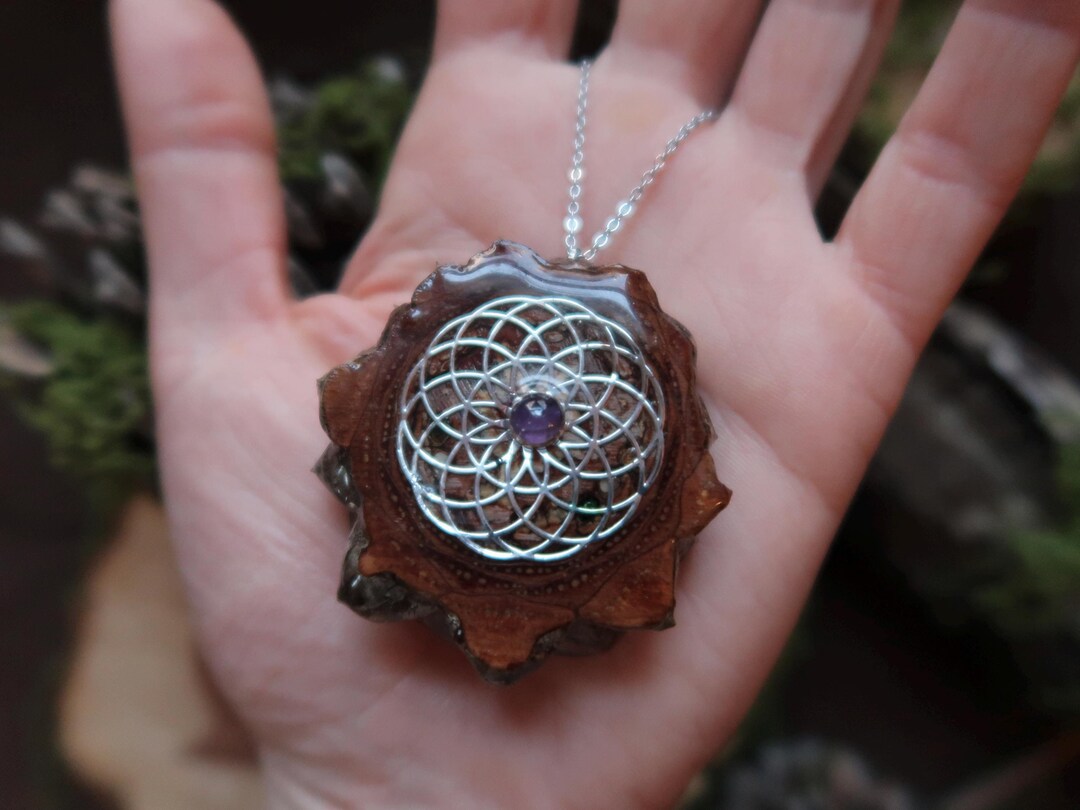 Persevere - Flower of Life Pinecone Slice Resin Pendant With Amethyst ...