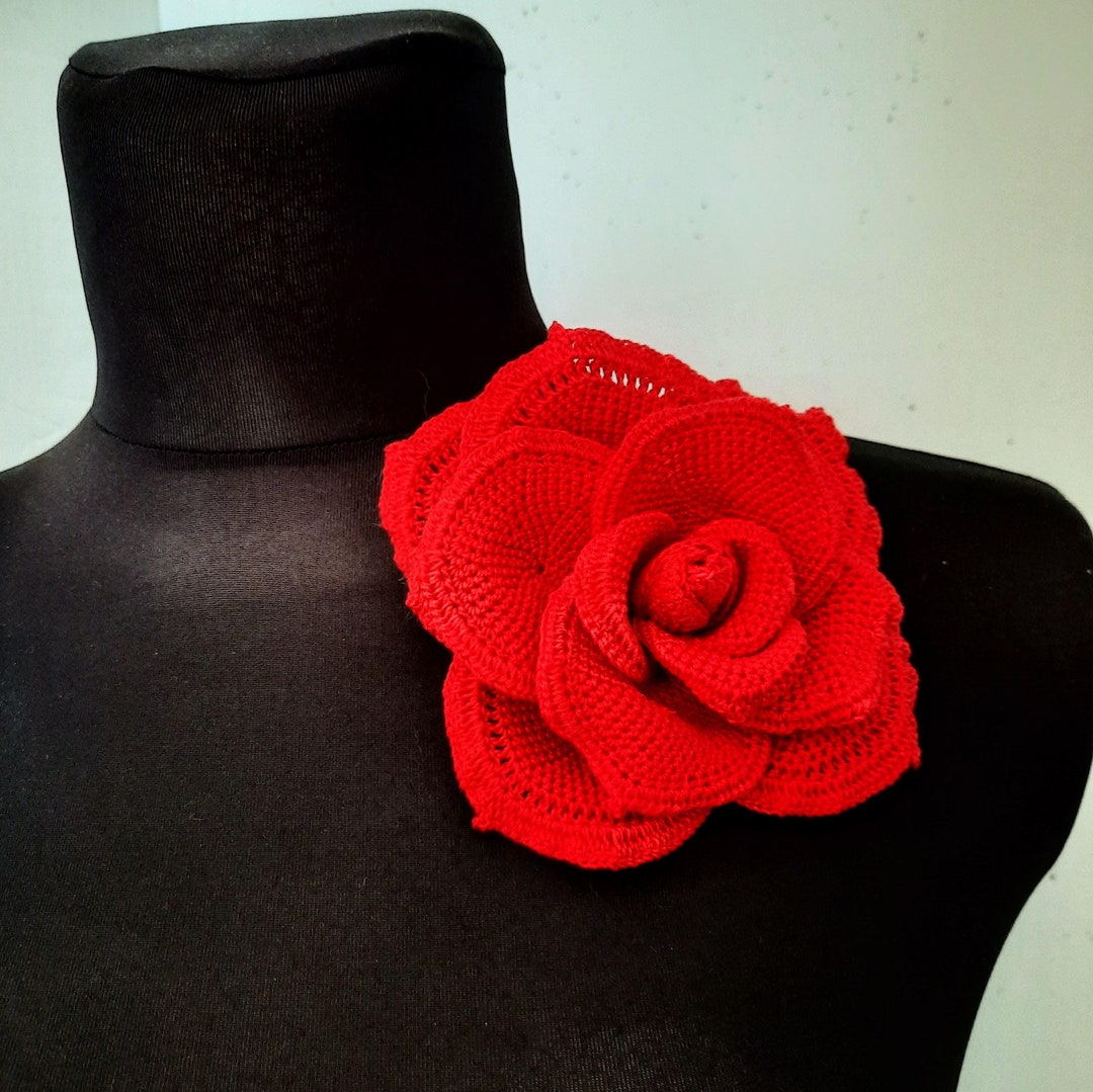 Crochet Large Rose Flower Brooch, Handmade Cotton Yarn Flower Brooch ...