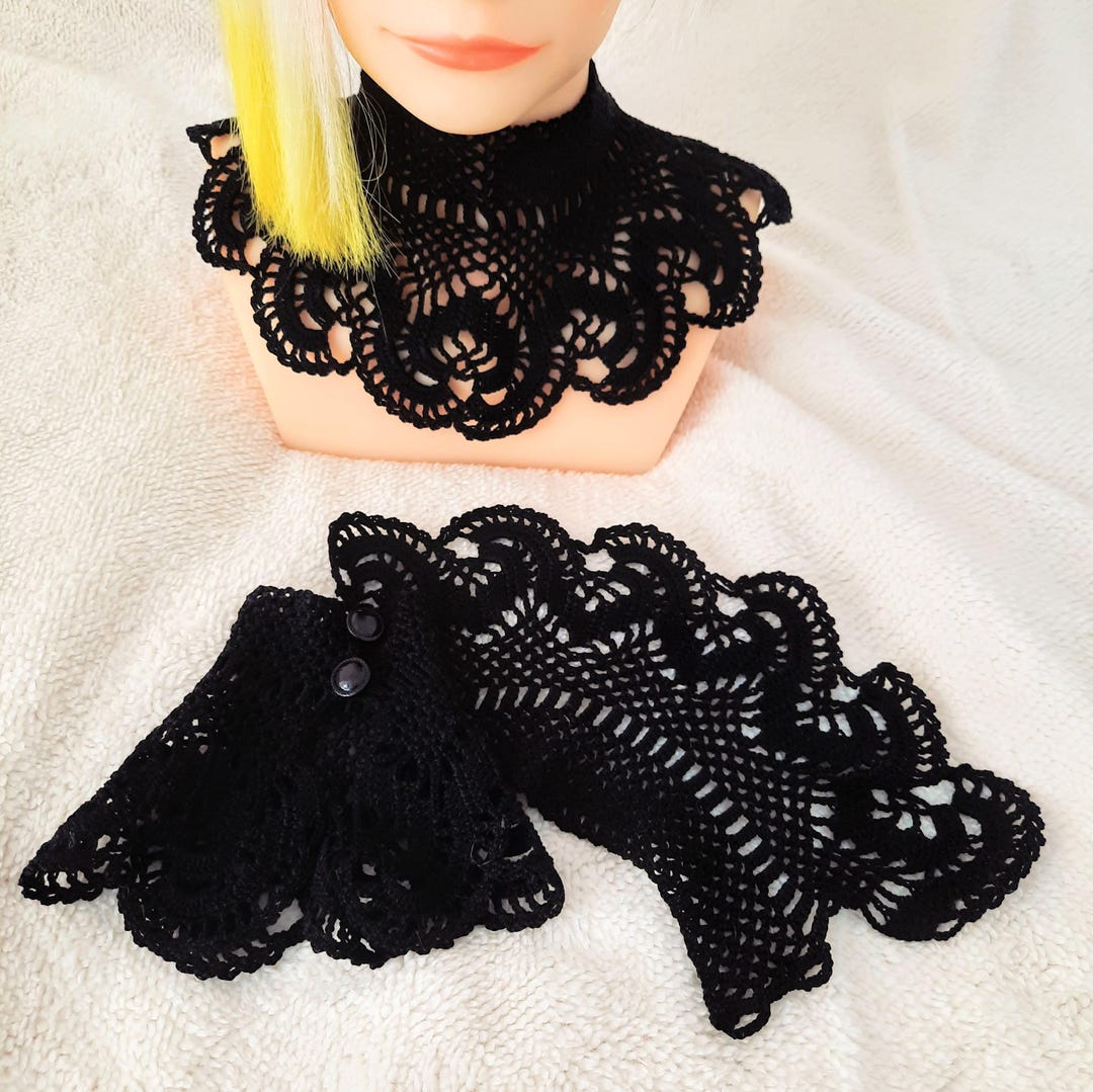 Black Lace Choker Collar and Cuffs Set, Gothic Detachable Cotton ...