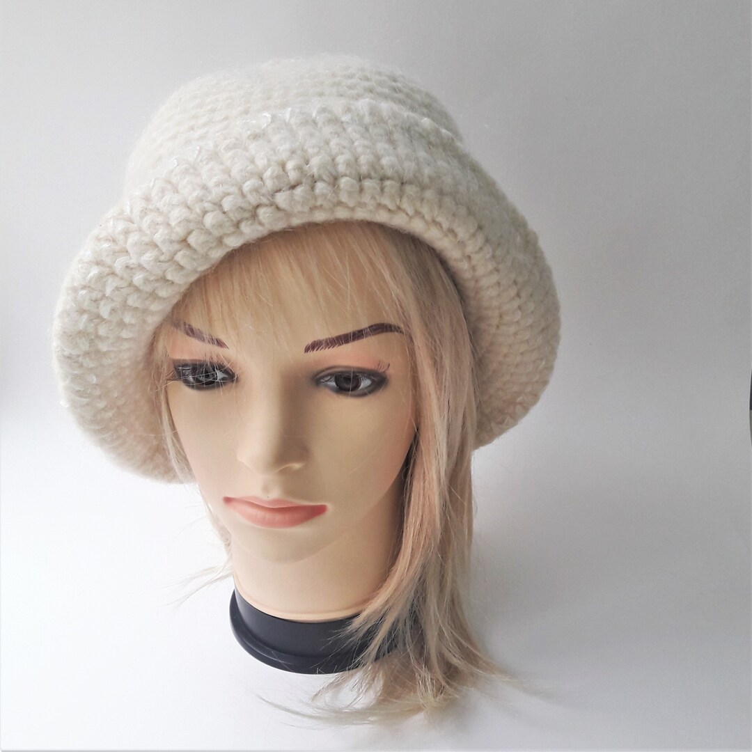 Crochet Winter Wool Cloche Hat, Women's Felted Light Cream Wool Hat ...