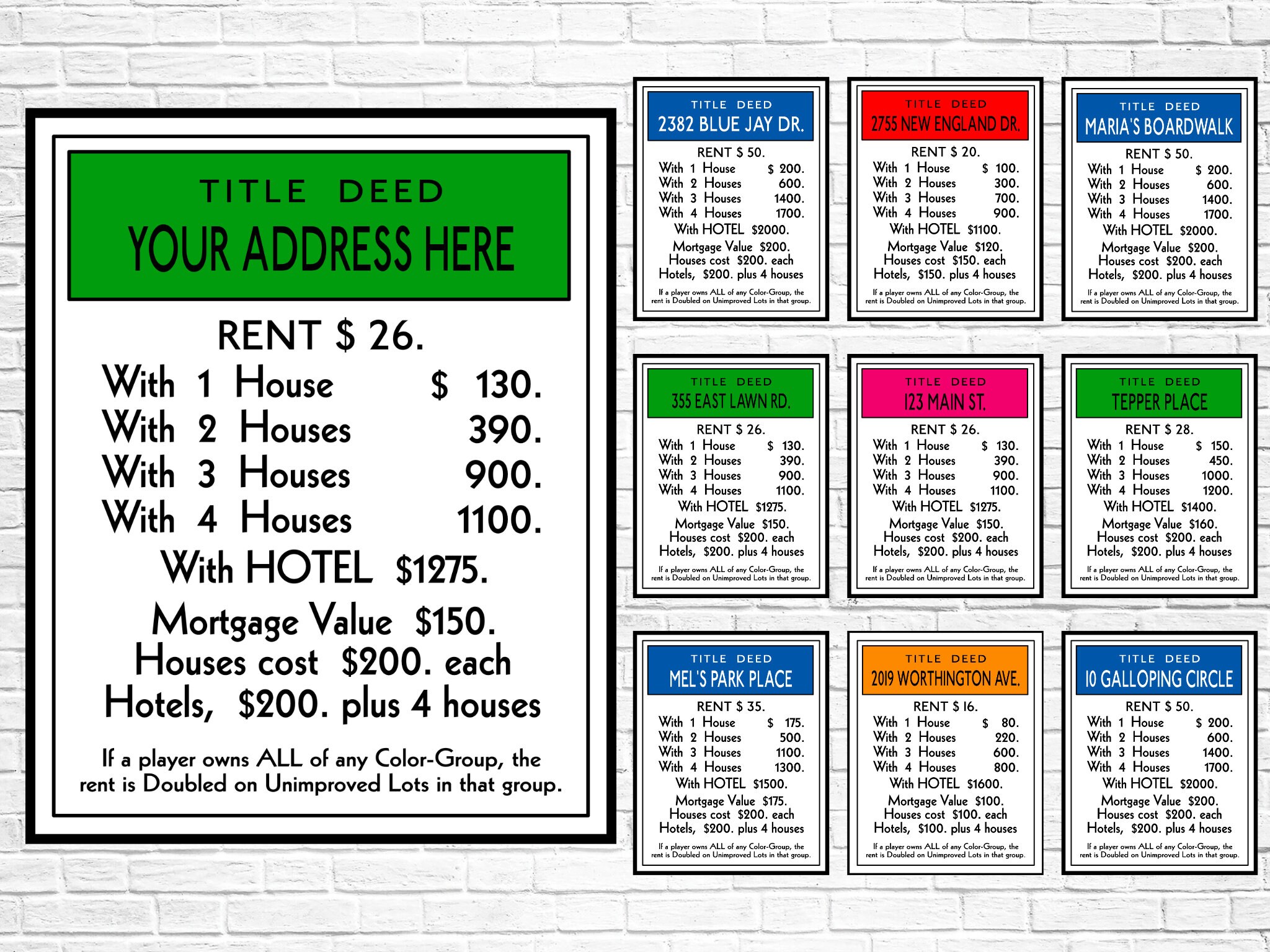 Custom Board Game Property Card Title Deed Design DIGITAL | Etsy