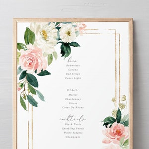 Bar Menu Sign Template Wedding Blush Floral Drink Sign Printable Bar ...