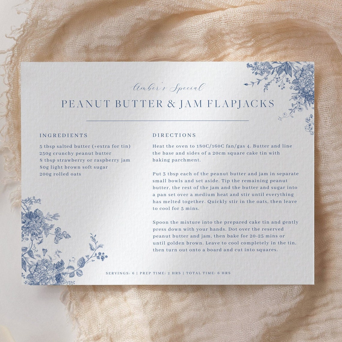Blue Floral Recipe Card Template Printable Bridal Shower - Etsy