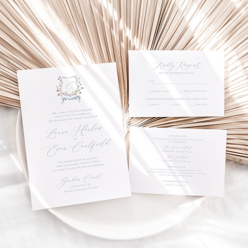 Floral Crest Wedding Invitation Set Watercolor Floral Crest - Etsy