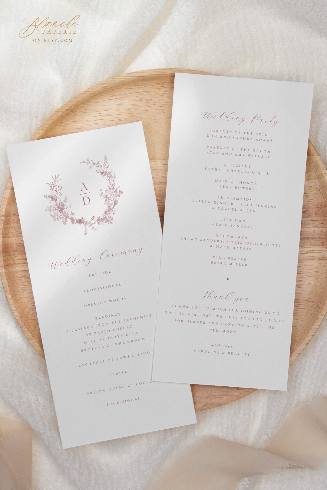 Dusty Rose Wedding Program Template, Victorian Floral, 4x9" (digital ...