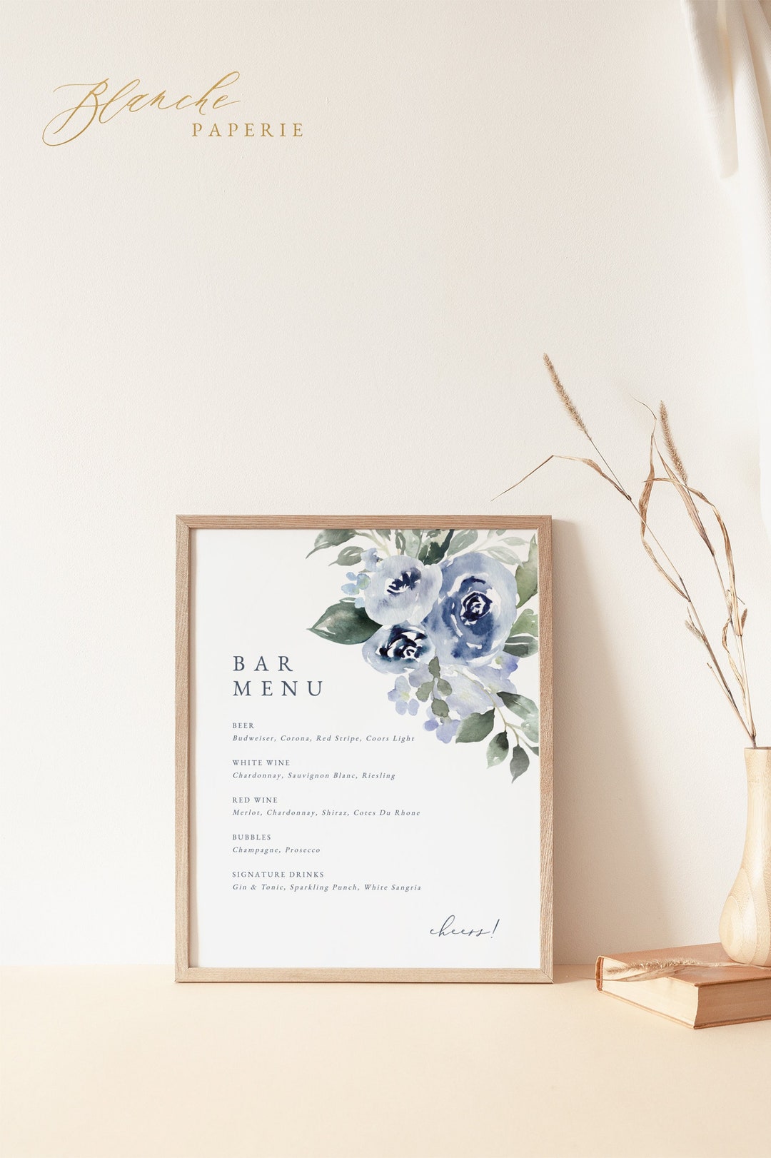 Blue Floral Bar Menu Sign Template, Wedding Drink Sign, Dusty Blue ...