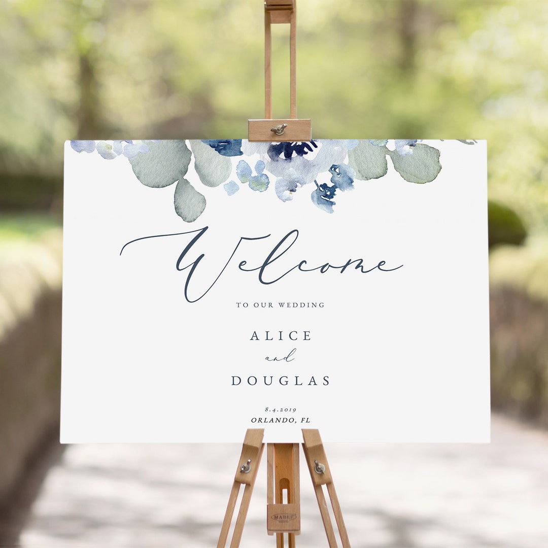 Blue Floral Welcome Sign, Sign Template, Editable Sign, Dusty Blue Sign ...