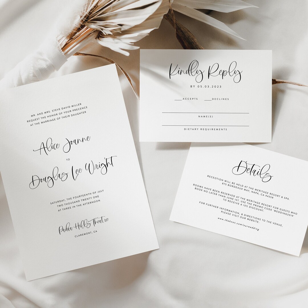 Modern Calligraphy Wedding Invitation Set, Modern Minimalist Invitation ...