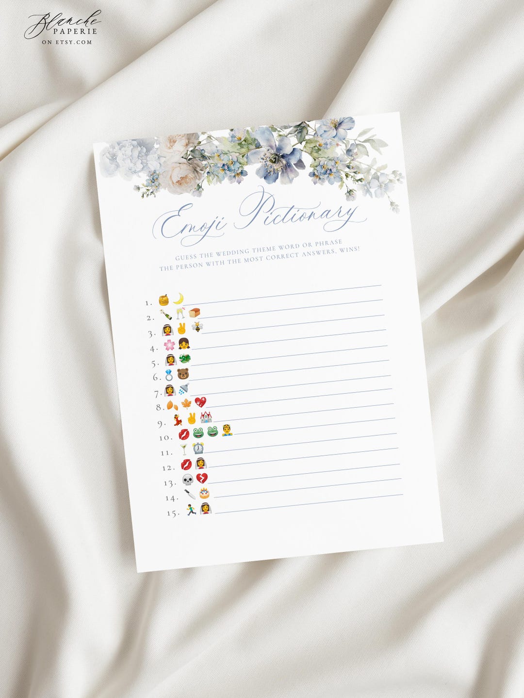 Dusty Blue Floral Bridal Shower Emoji Pictionary Game (editable ...