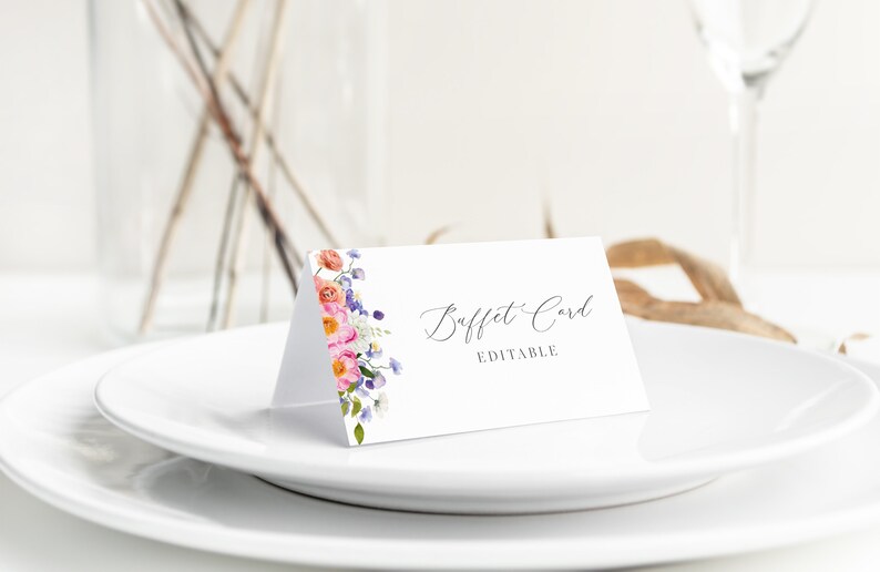 Colorful Floral Buffet Card Template, Bridal Shower Food Label Card ...