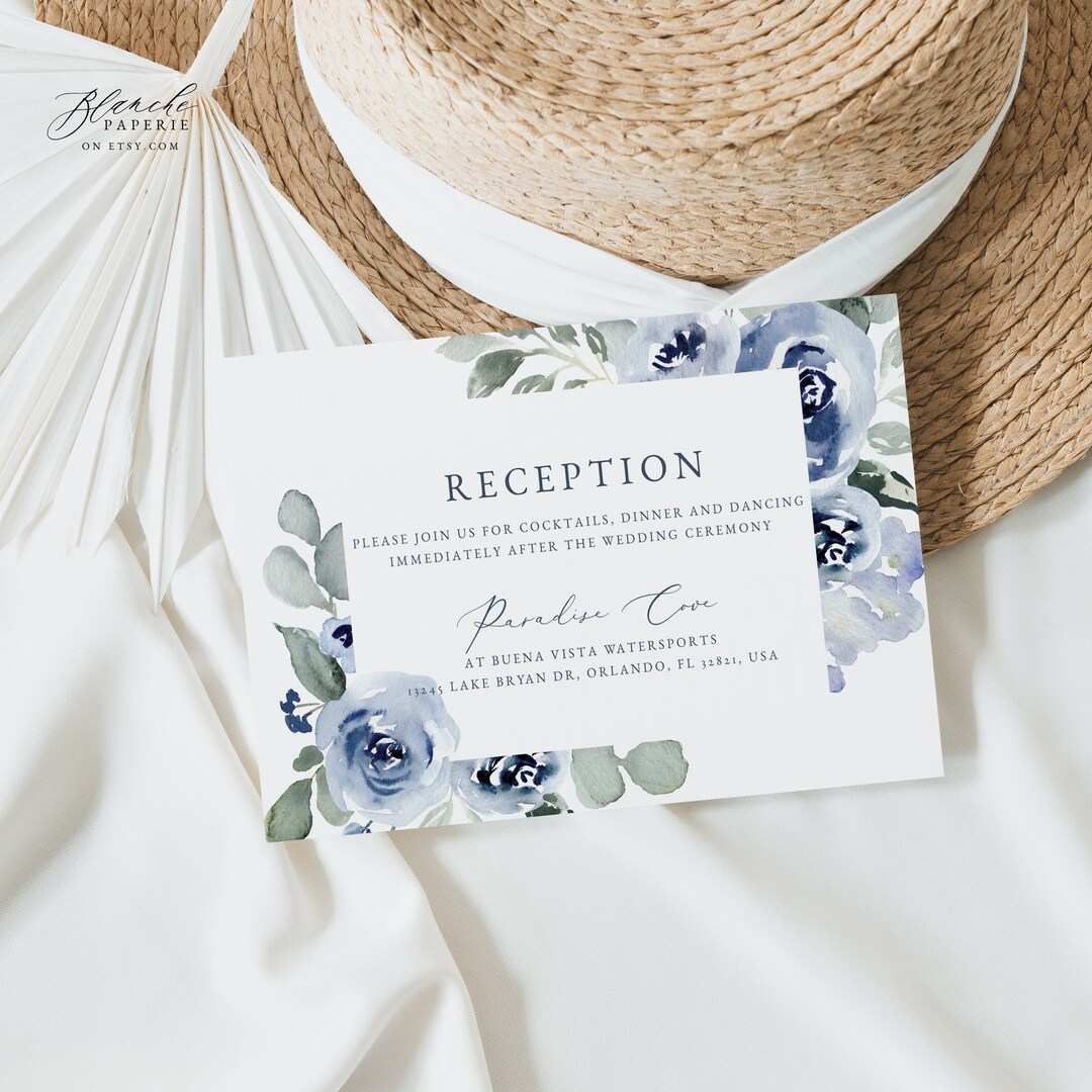 Blue Floral Reception Card, Printable Reception Card, Wedding Reception ...