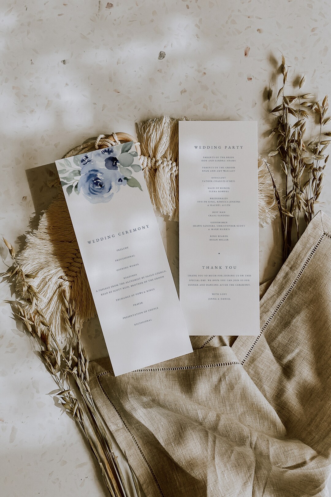 Blue Floral Ceremony Program Template, Printable Wedding Program, Two ...