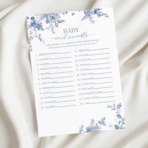 Baby Word Scramble Game, Blue Floral Baby Shower Game, Baby Word Puzzle ...