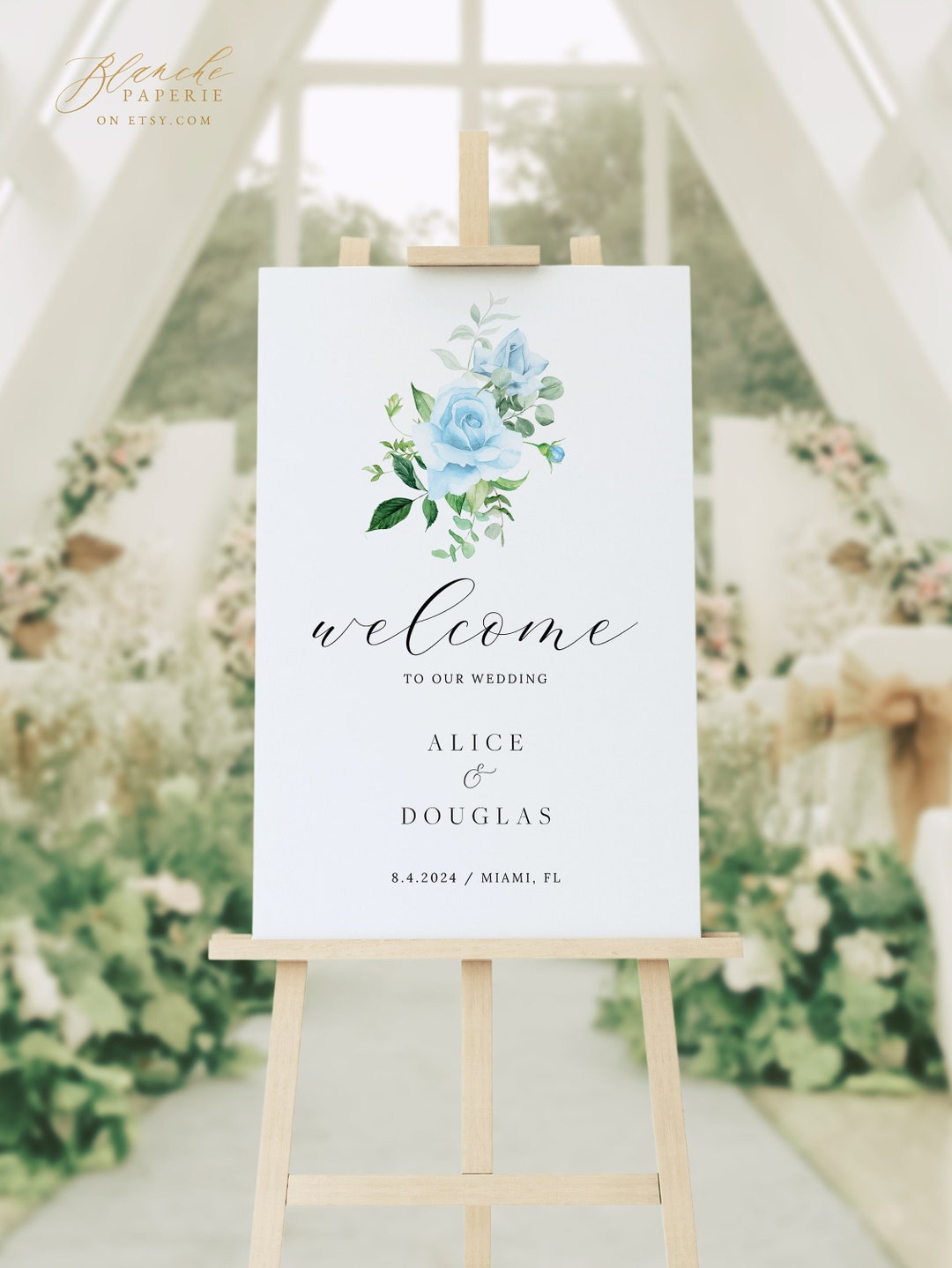Blue Floral Welcome Sign, Sign Template, Editable Sign, Dusty Blue Sign ...