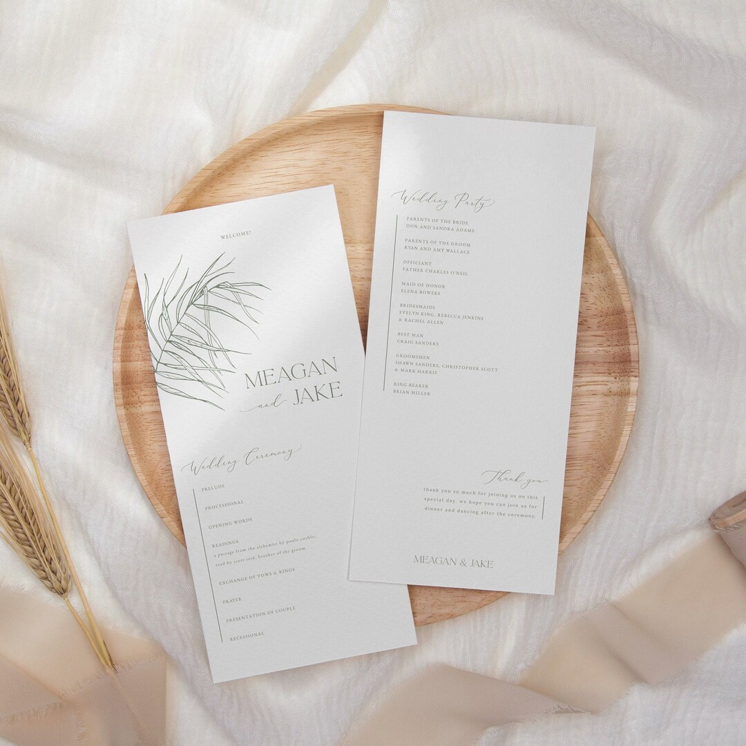Palm Leaf Program Template, Wedding Program, Beach Ceremony Program ...