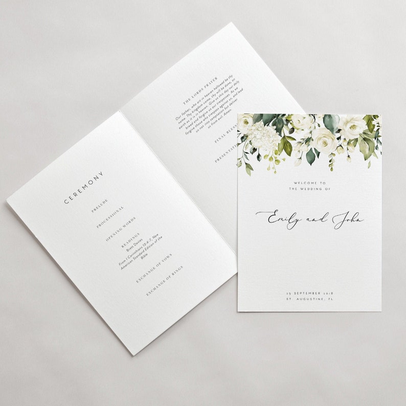 Wedding Program Booklet Template White Floral Ceremony - Etsy