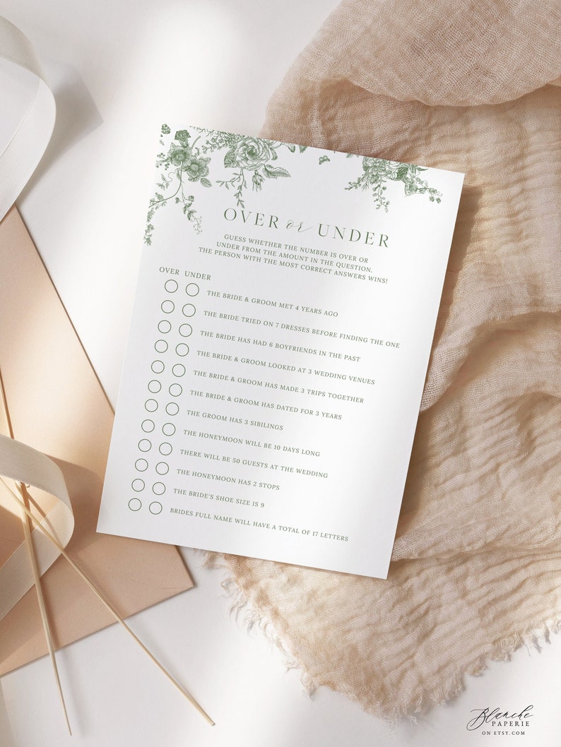 Over or Under Bridal Shower Game, Green Floral Bridal Shower ...